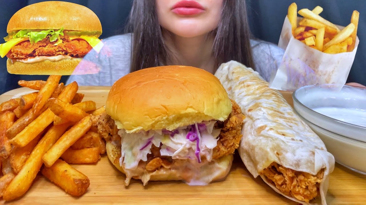 FAST FOOD ASMR MUKBANG | EATING CRISPY CHICKEN BURGER/SANDWICH + FRIES ...