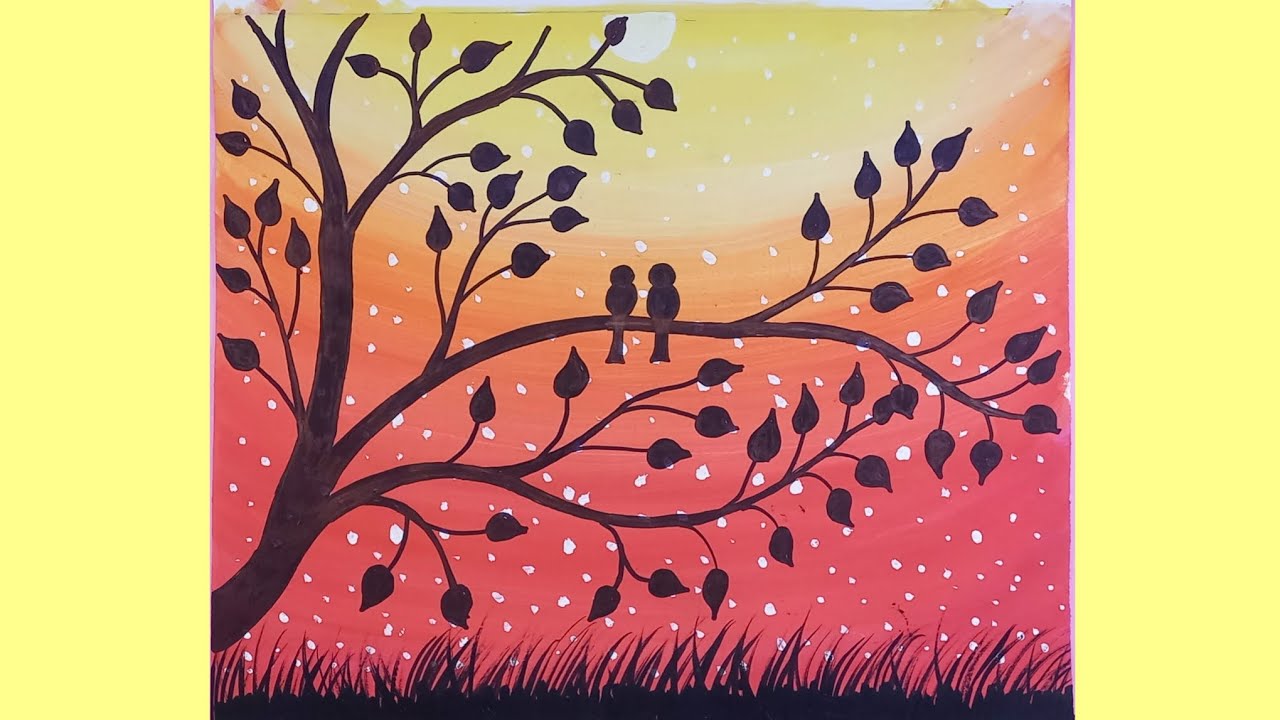 Cupple bird scenery drawing for beginners || Step by step scenery ...