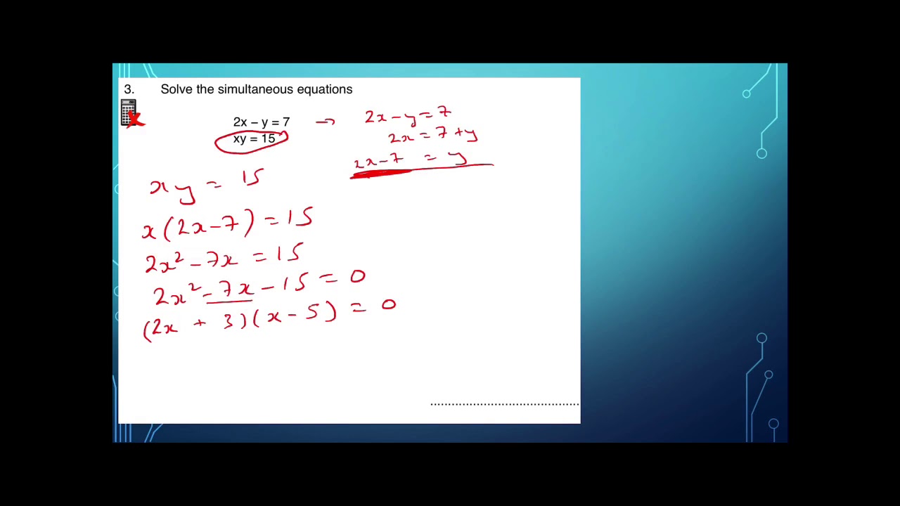Solving Simultaneous Equations 1 (one Linear And One Non Linear) - YouTube