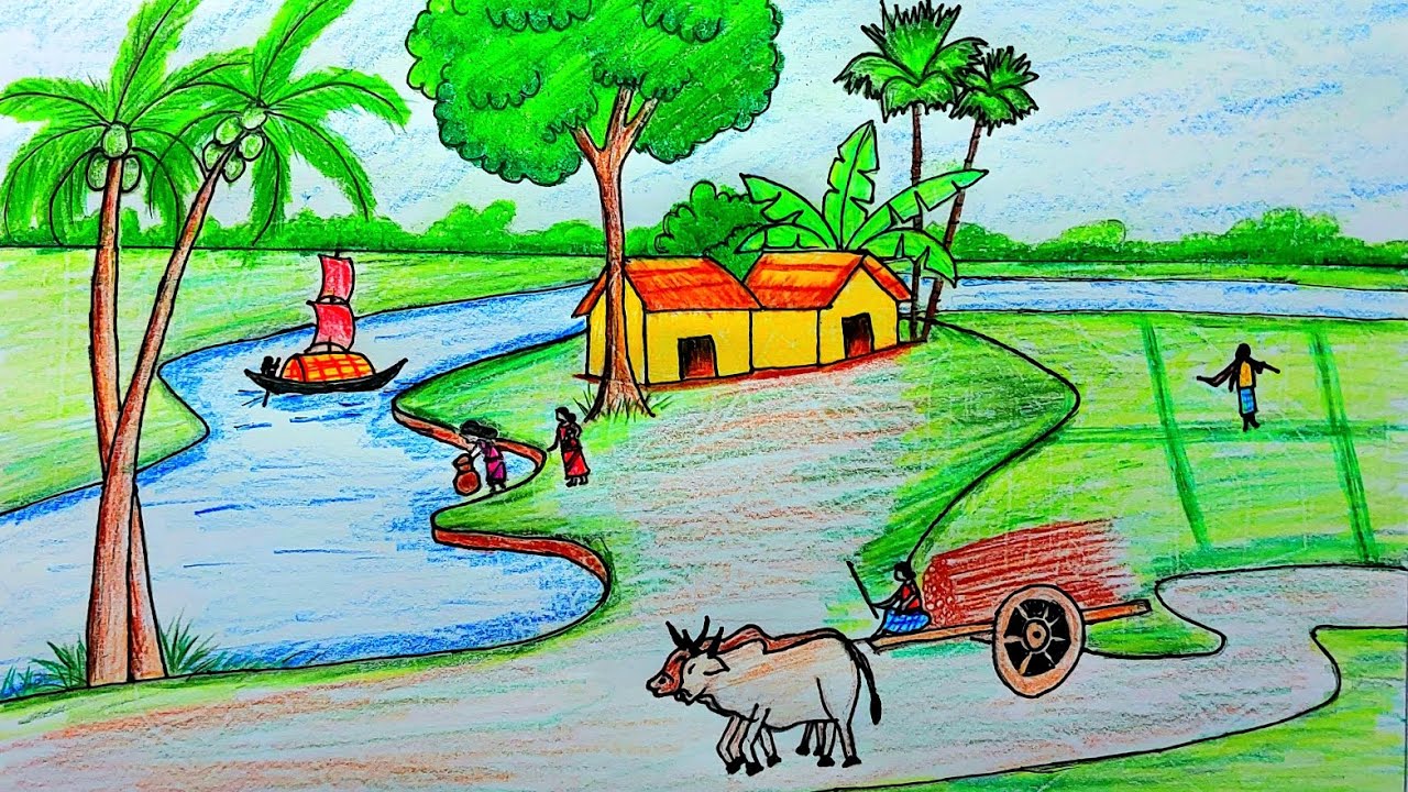 How to draw scenery of rural life | Indian village scenery drawing ...