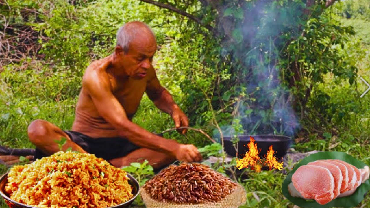 jungle man cooking delicious pork rice - primitive food style - YouTube