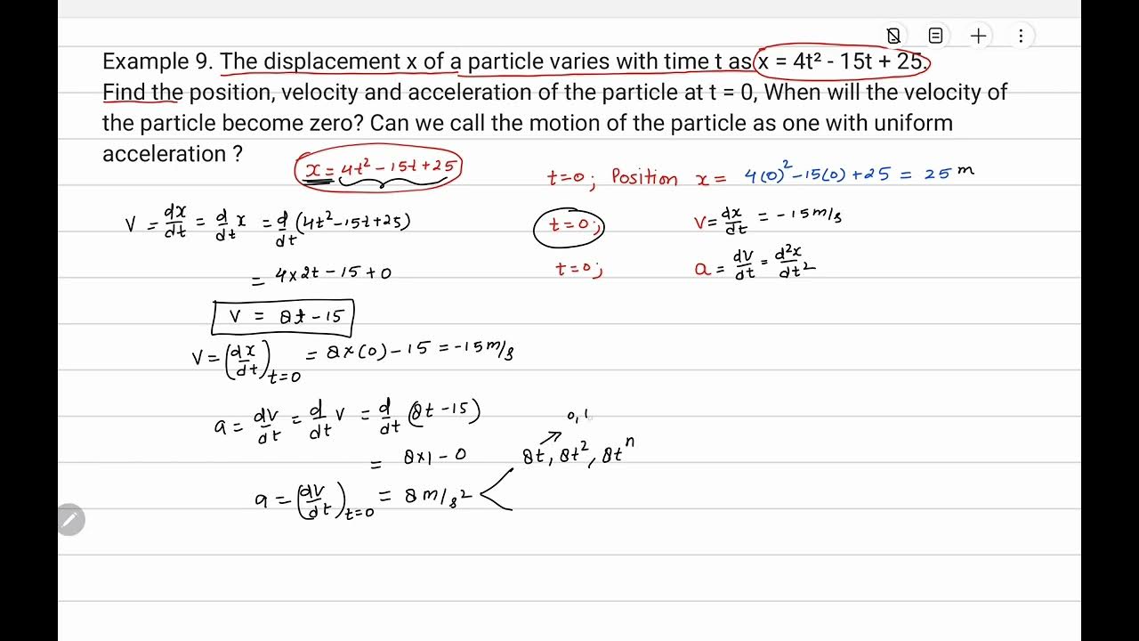 Example 9. The displacement x of a particle varies with time t as x = 4t² - 15t + 25.Find the ...