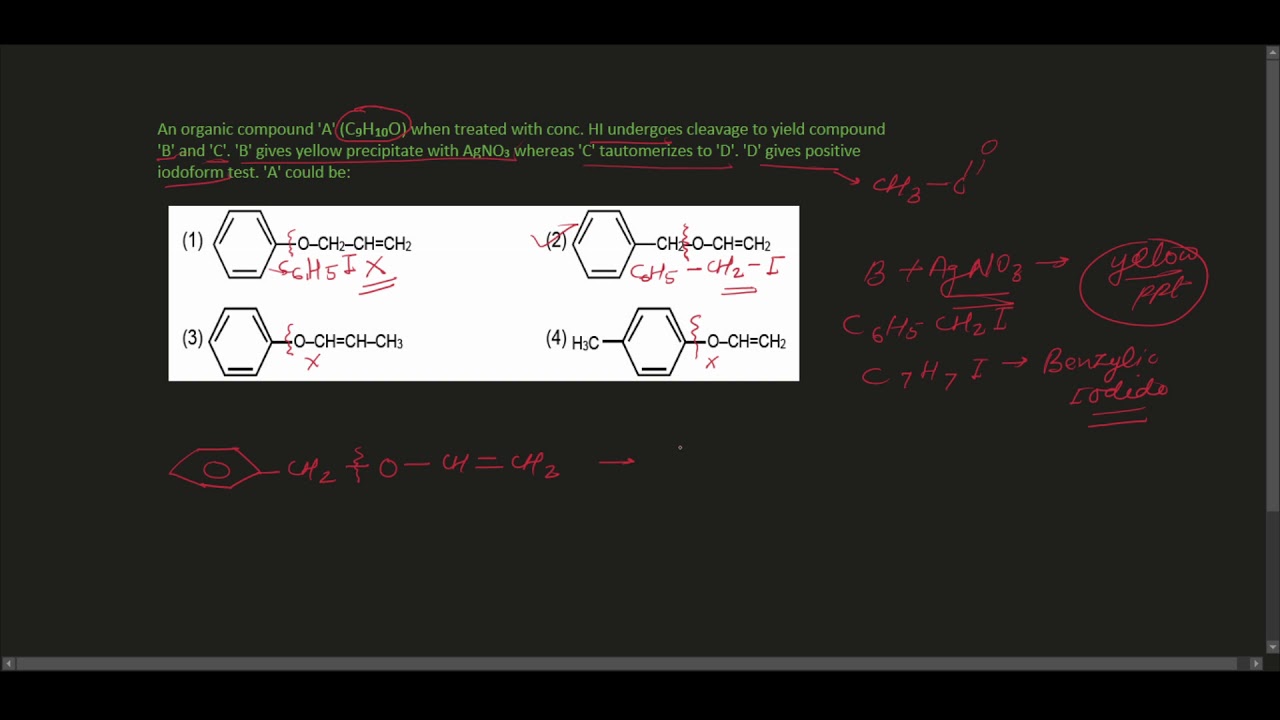 An organic compound 'A' (C9H10O) when treated with conc. HI undergoes ...