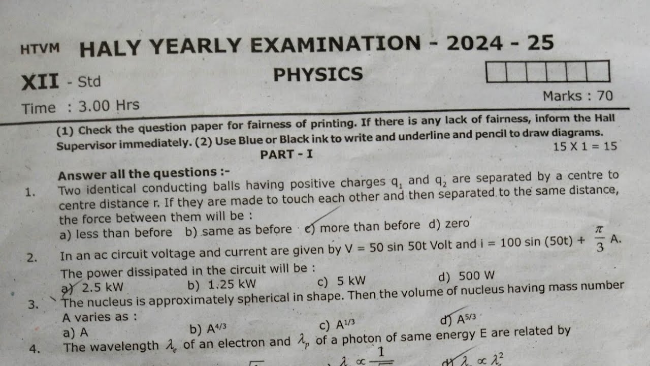12th Physics ||Half yearly Exam 2024-25||Question paper with answerkey ...