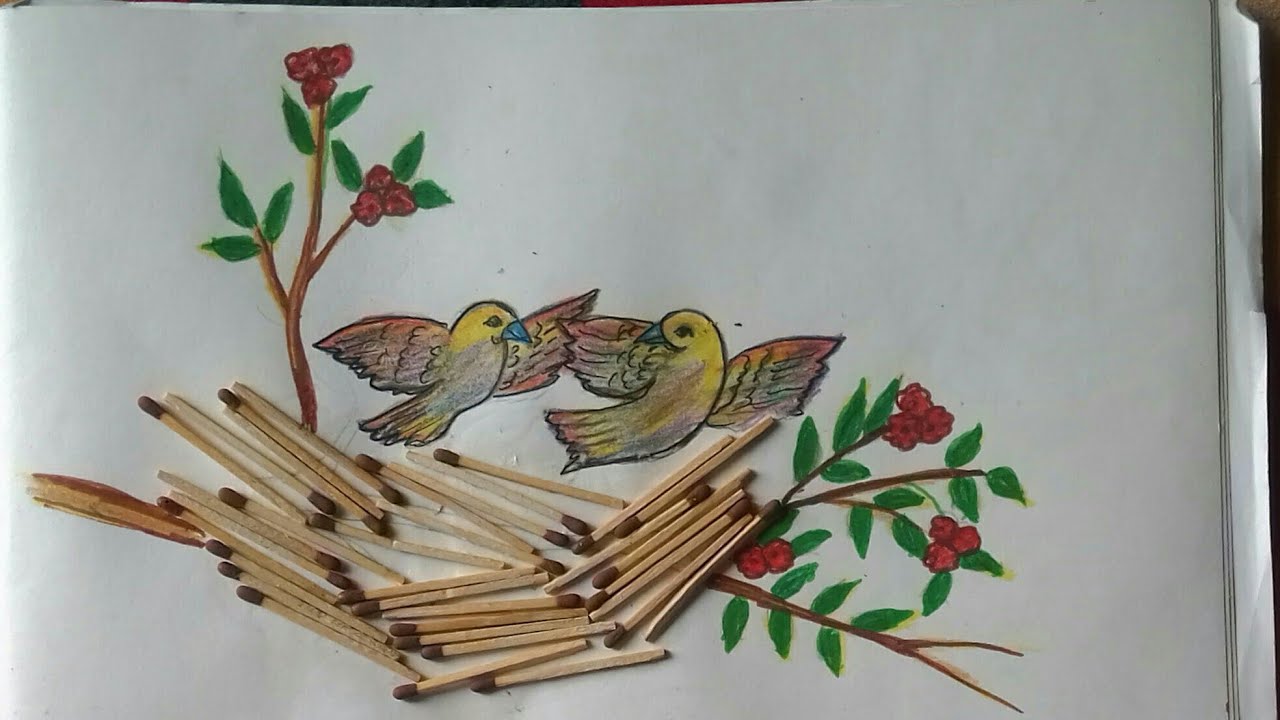 How to draw birds in a nest made up using matchstick - YouTube