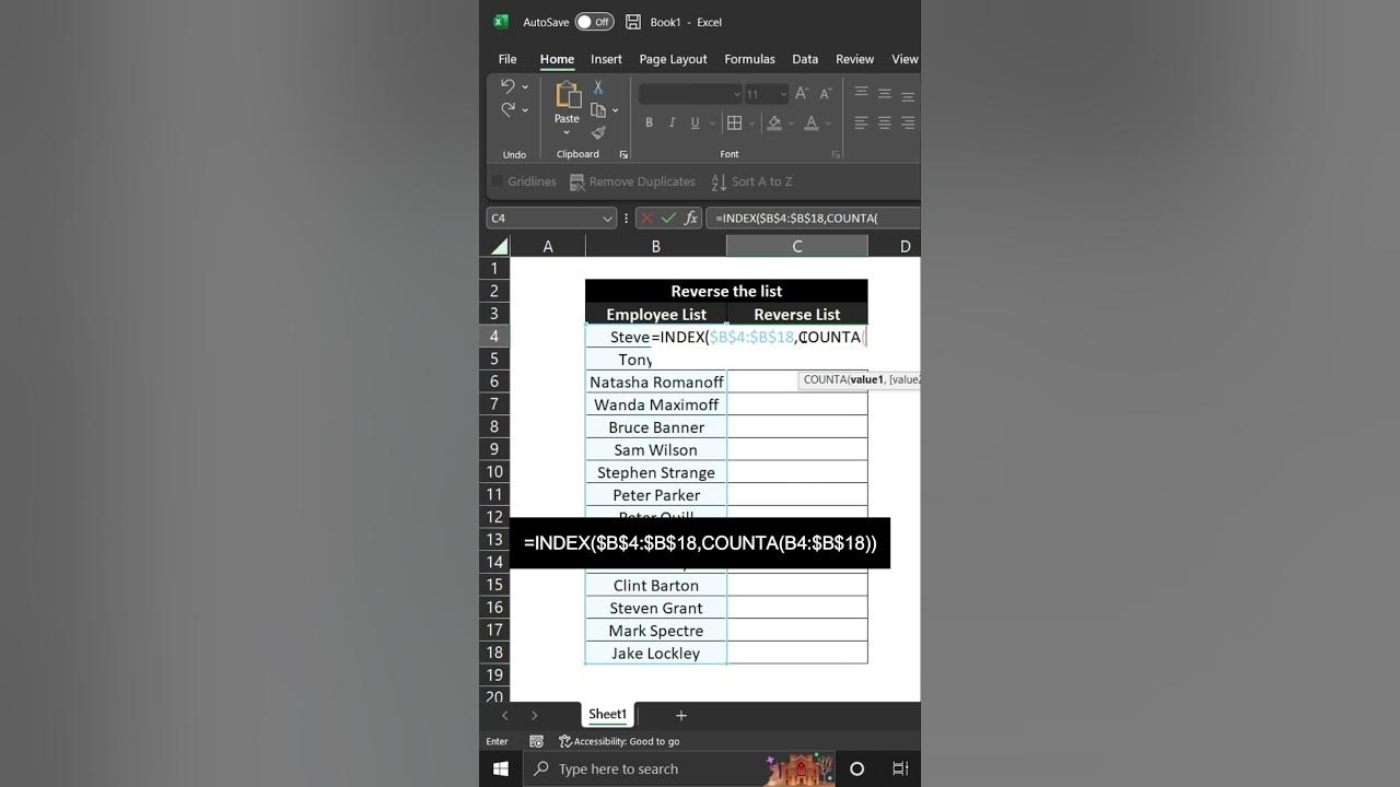 Reverse List using Index and Count functions #excel #msexcel #msoffice #formula #list #reverse ...