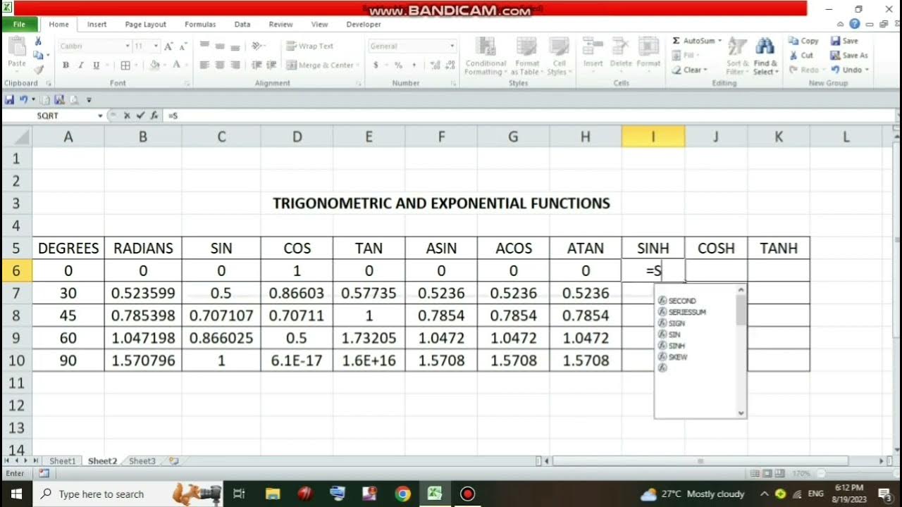 How to Solve Trigonometric and Exponential Functions using Excel? - YouTube