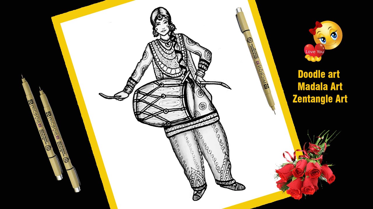 Easy Girl with Dhol / Dooddle, Zentangle Art of a girl / Drawing for ...