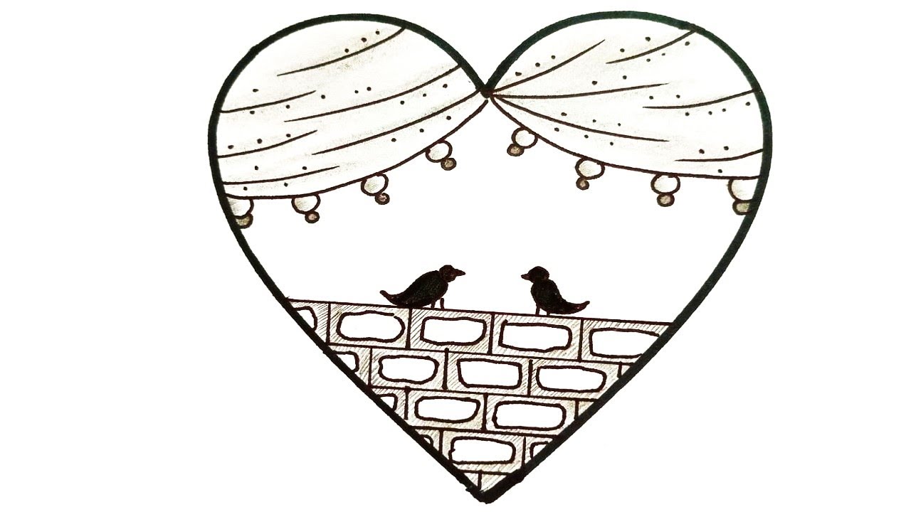BIRDS SITTING ON WALL HEART SCENERY DRAWING EASY | HOW TO DRAW A ...