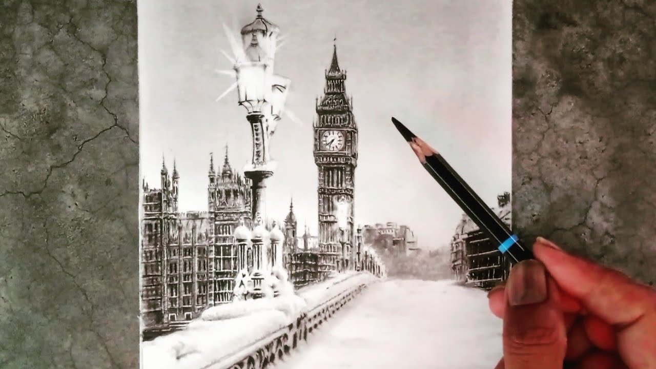 Winter season city Landscape drawing // Westminster bridge Landscape ...