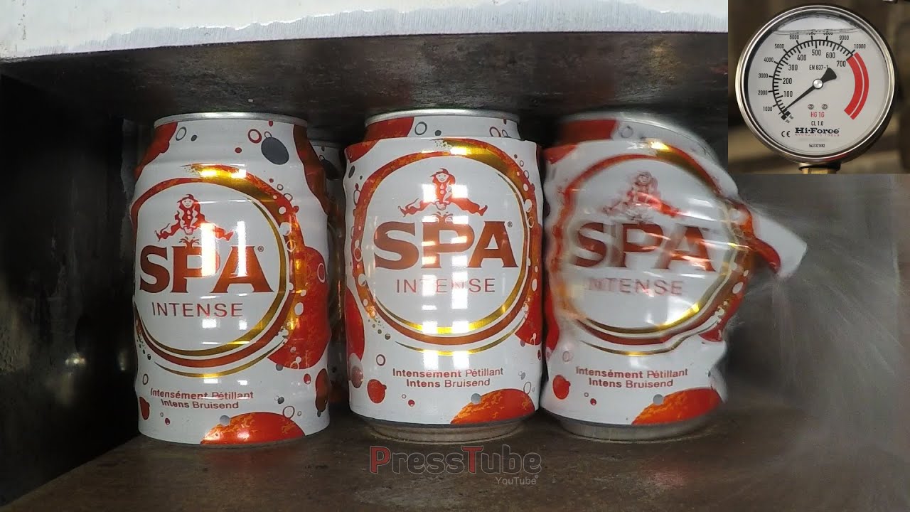 9 Soda Cans under Hydraulic Press - YouTube