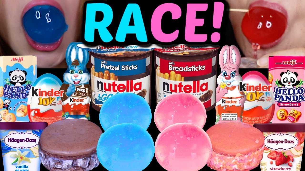 ASMR BLUE VS PINK DESSERT RACE! NUTELLA CUPS, BIG BOBA JELLY BALLS ...