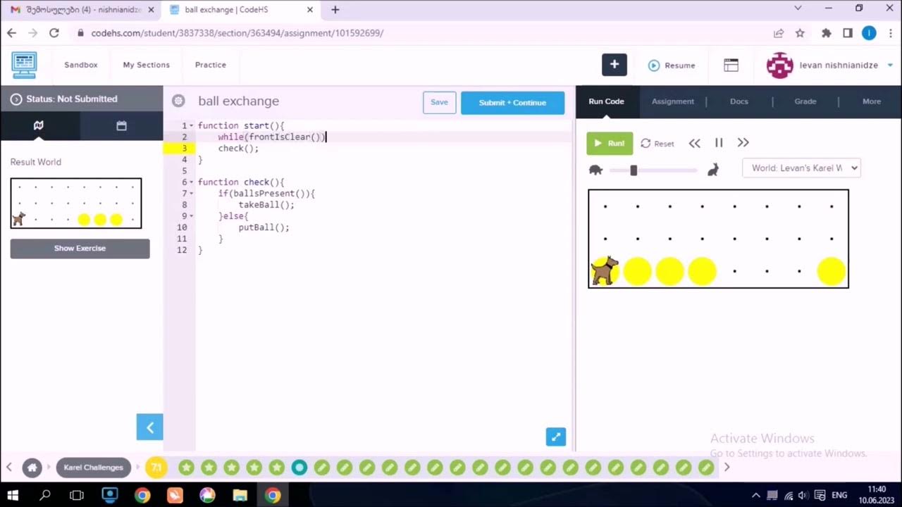karel სავარჯიშო ball exchange / codehs.com / პროგრამირება JavaScript ...
