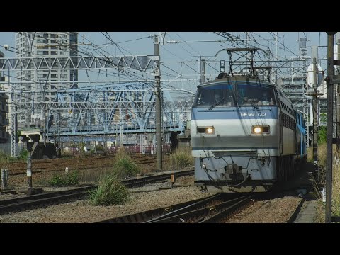 JR貨物EF66 122電気機関車とEF210形「ECO-POWER桃太郎」電気機関車、京浜東北線各駅停車大船行きE233系1221B104宮サイが走行！【花月園前踏切No.19】
