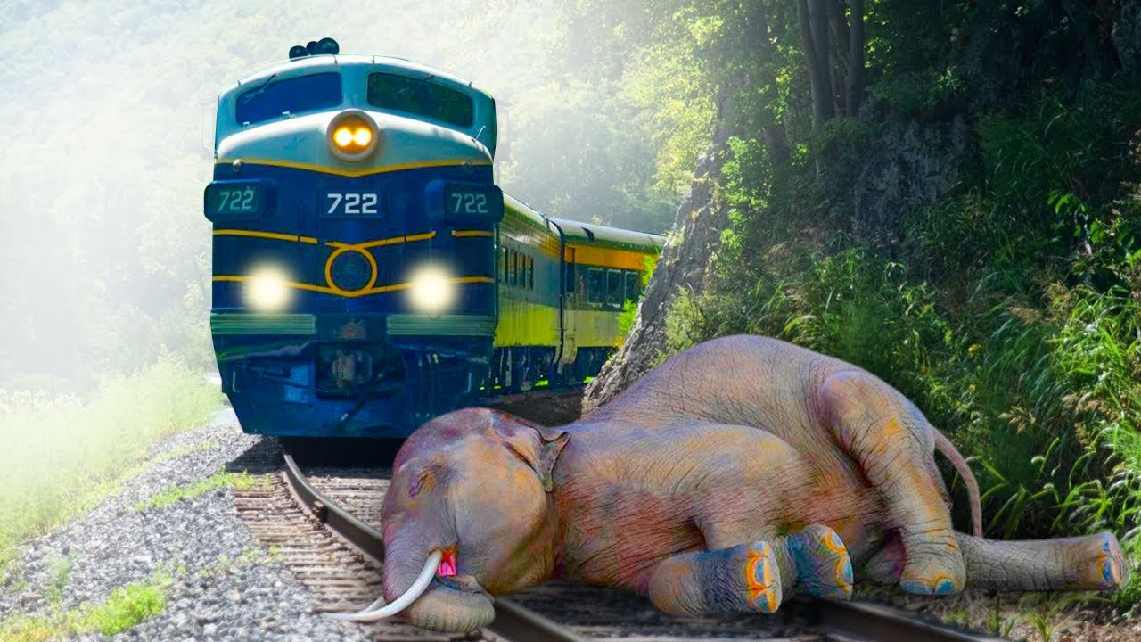 Elephant on train track try to stop the electricity train and finally ...