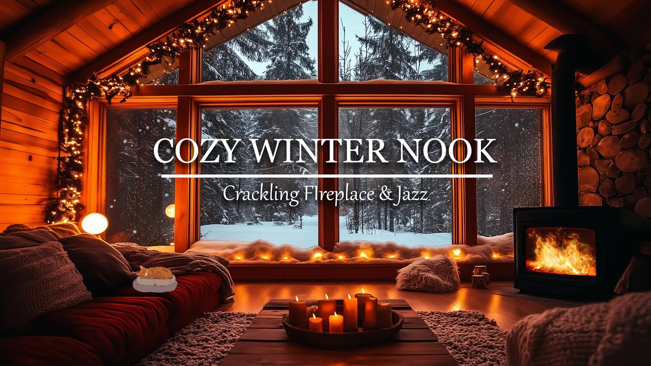 Snowy Day Bliss ️ Cozy Nook with Relaxing Piano Jazz & Fireplace Sounds ...