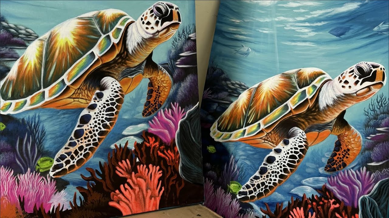 Drawing a sea turtle in the deep sea with coral reefs - YouTube