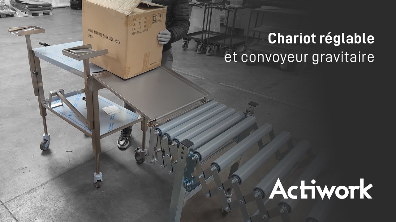 ACTIWORK | Chariot inox réglable en hauteur, convoyeur gravitaire - YouTube