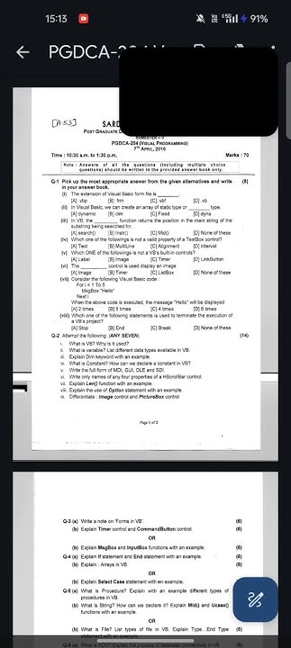 SARDAR PATEL UNIVERSITY PGDCA 2ND SEM VISUAL PROGRAMMING QUESTION PAPER ...