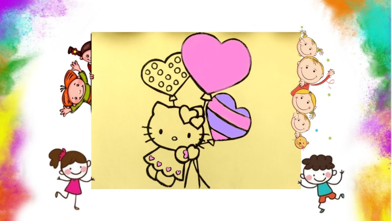 How to draw Hello Kitty holding balloons|drawing & coloring Hello Kitty ...