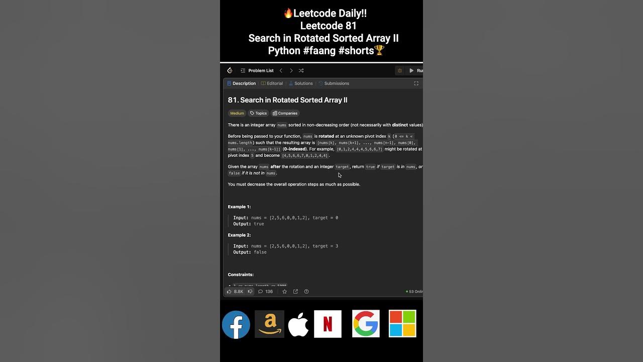 🔥Leetcode Daily!! Leetcode 81 - Search in Rotated Sorted Array II - #python #faang #shorts🏆#reel ...