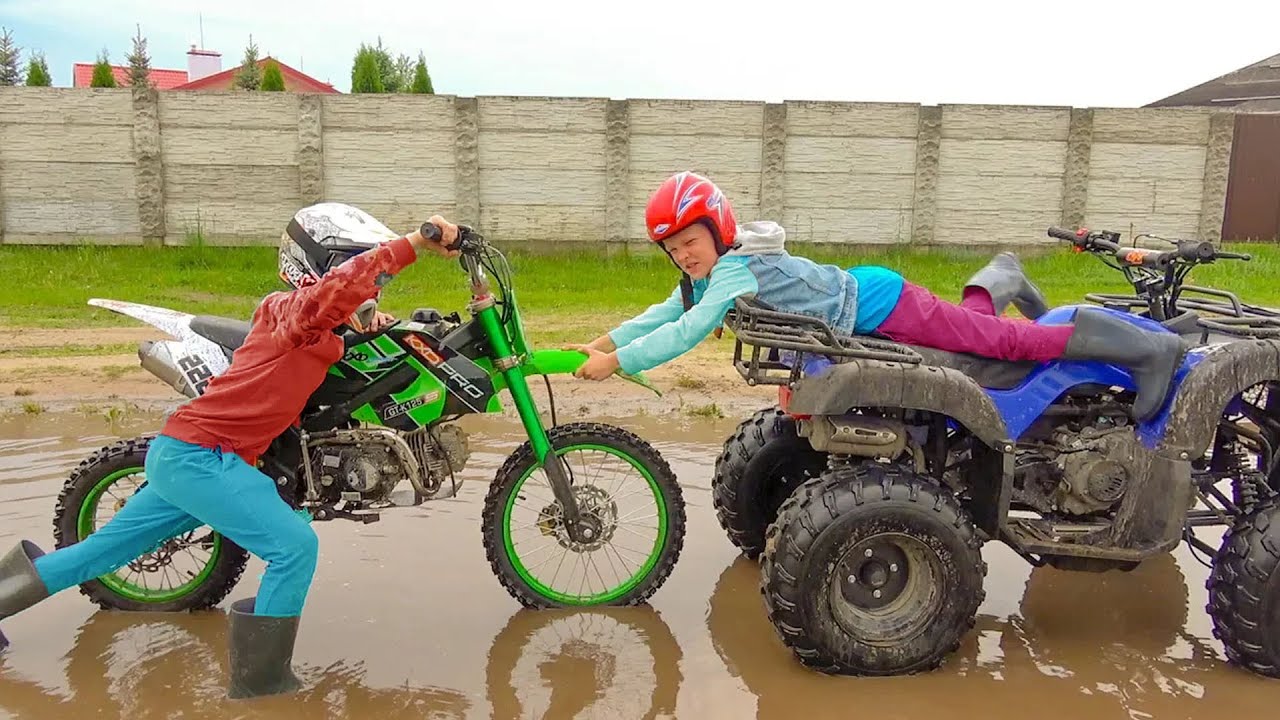 DAD's ATV is broken in the forest. Sasha with bike helps dad - YouTube