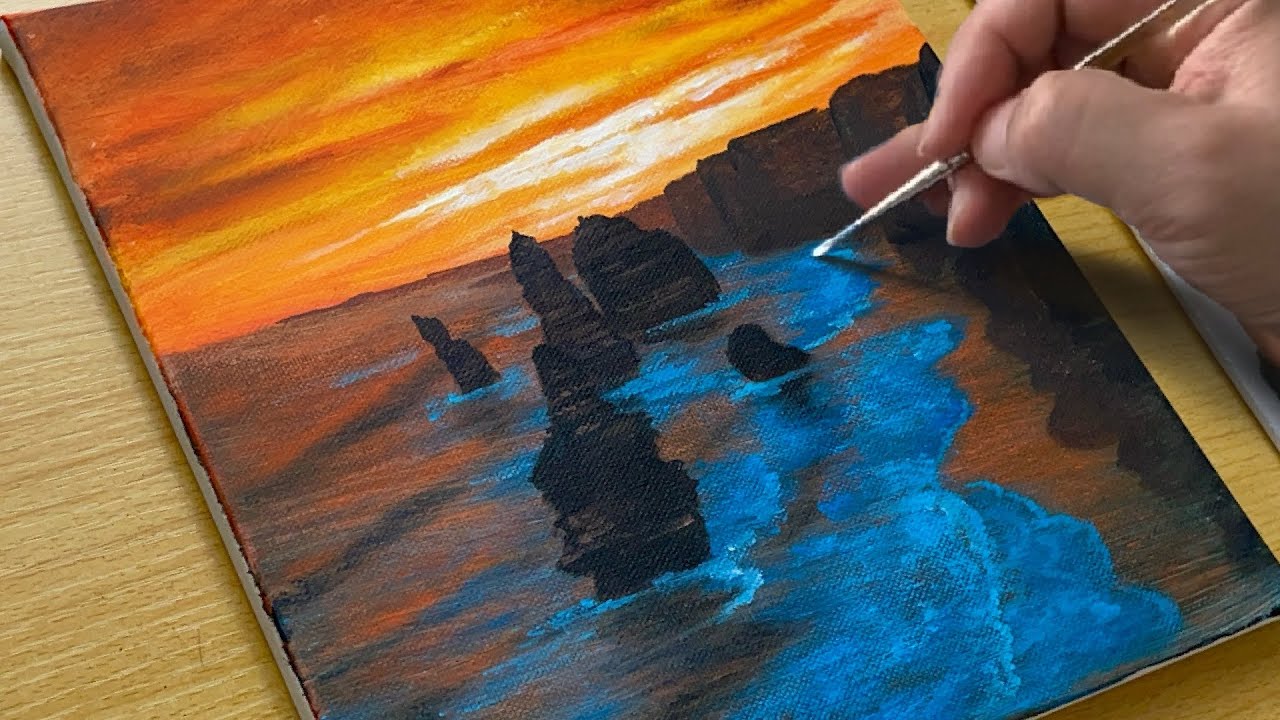 How to Draw a Sunset Seascape / Acrylic Painting for Beginners - YouTube