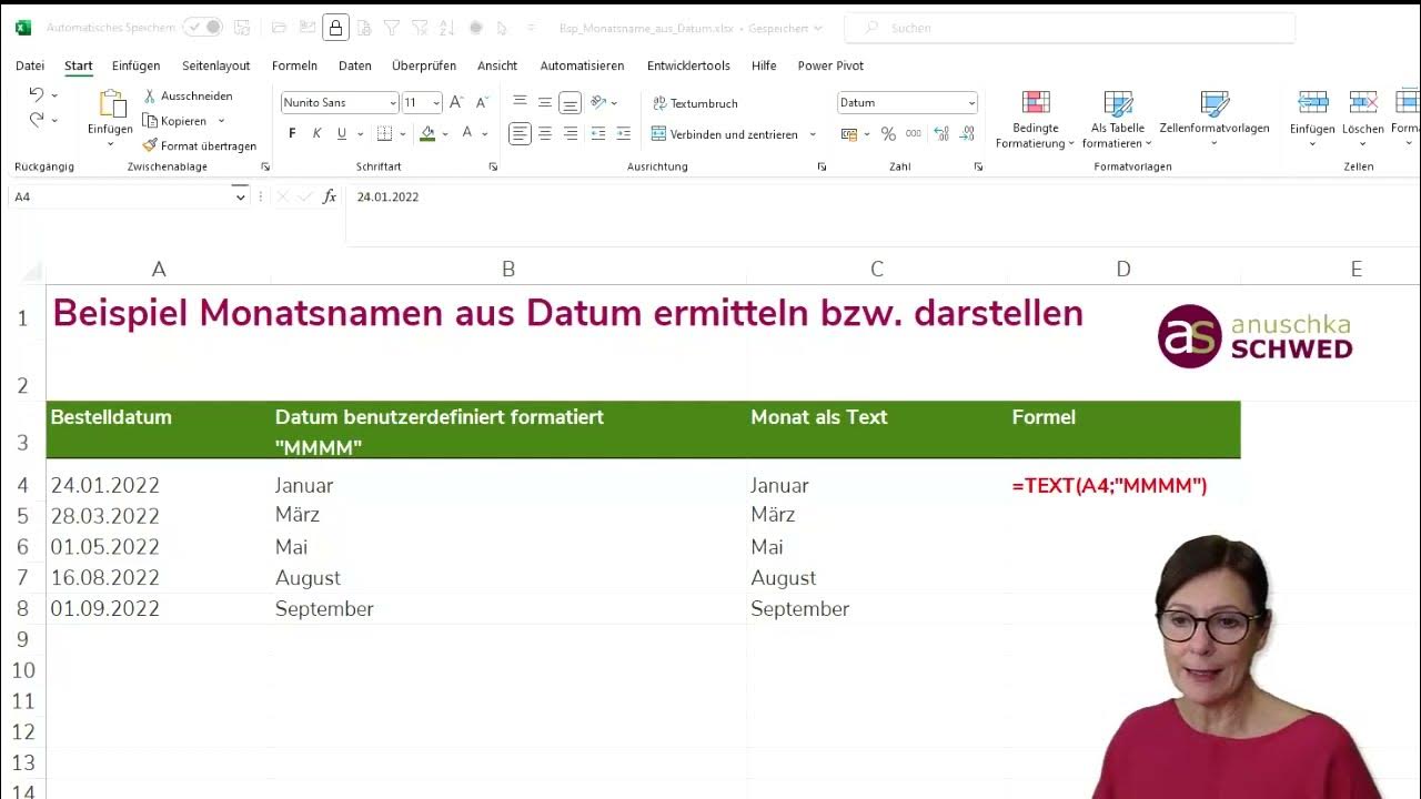 Excel: Monatsname aus Datum mit Formatierung Ausgabeformat ändern #deutsch - YouTube