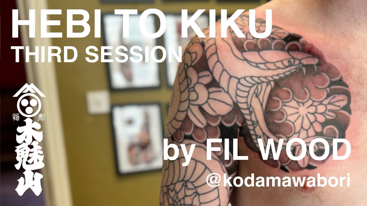 HEBI TO KIKU NAGASODE Tattoo Third Session by Fil Wood - YouTube