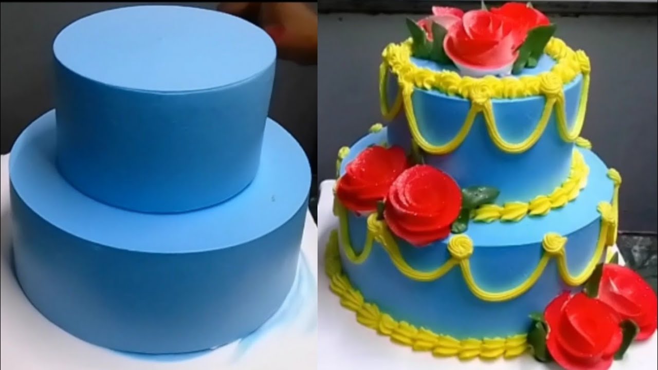 Vanilla cake 2 step design | 2 step cake design | blue cream icing ...