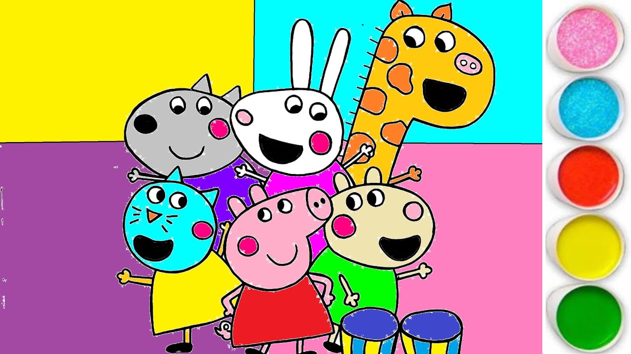 How to Draw and Color Peppa Pig and Friends singing | 🎶 🐷🐰🐶🦒Drawing for ...