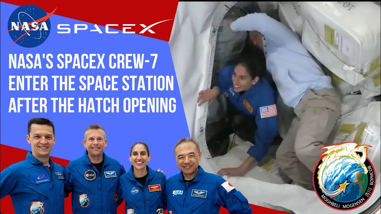 NASA's SpaceX Crew-7 enter the Space Station after the hatch opening ...