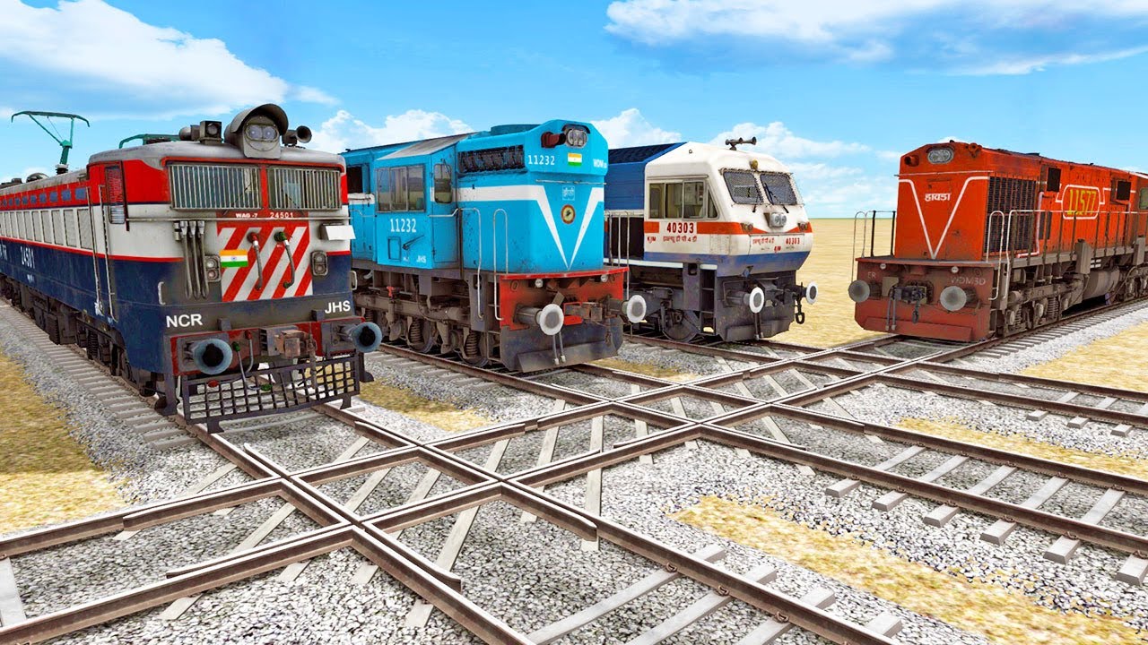 4 TRAINS DIAMOND RAILROAD CROSSING AT BUMPY TRACKS | Trains Gameplay ...