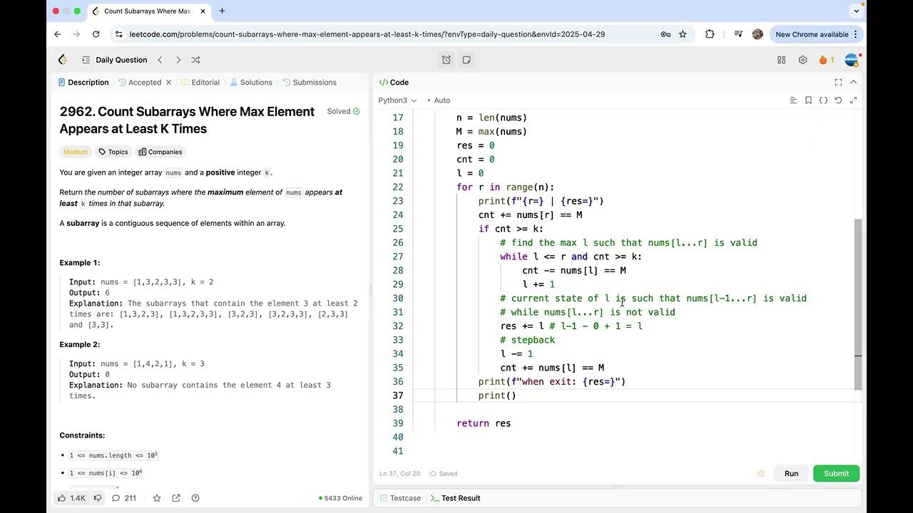 leetcode 2962 Count Subarrays Where Max Element Appears at Least K Times | 2 pointer sliding ...