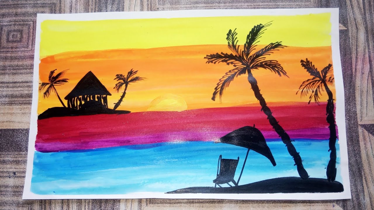 How to draw A Beach scenery for beginners | step by step| Summer season ...