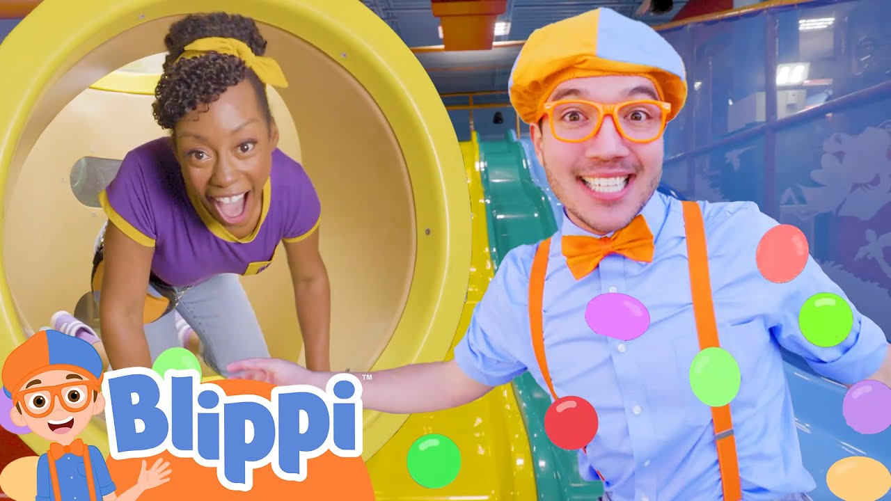 Blippi's Rainbow Color Slide and Ball Pit Song! Kids Indoor Playground ...