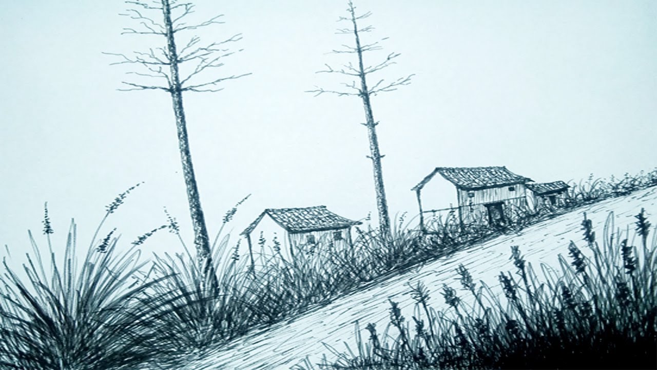 Roadside grass and tree drawing || How to draw a realistic grass - YouTube