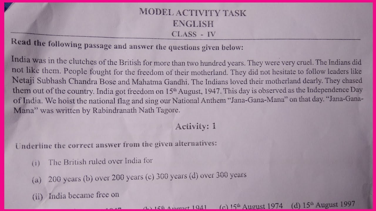 September New Class 4 English Answer Model Activity Task Part 2 September New Class 4 English Answer Model Activity Task Part 2