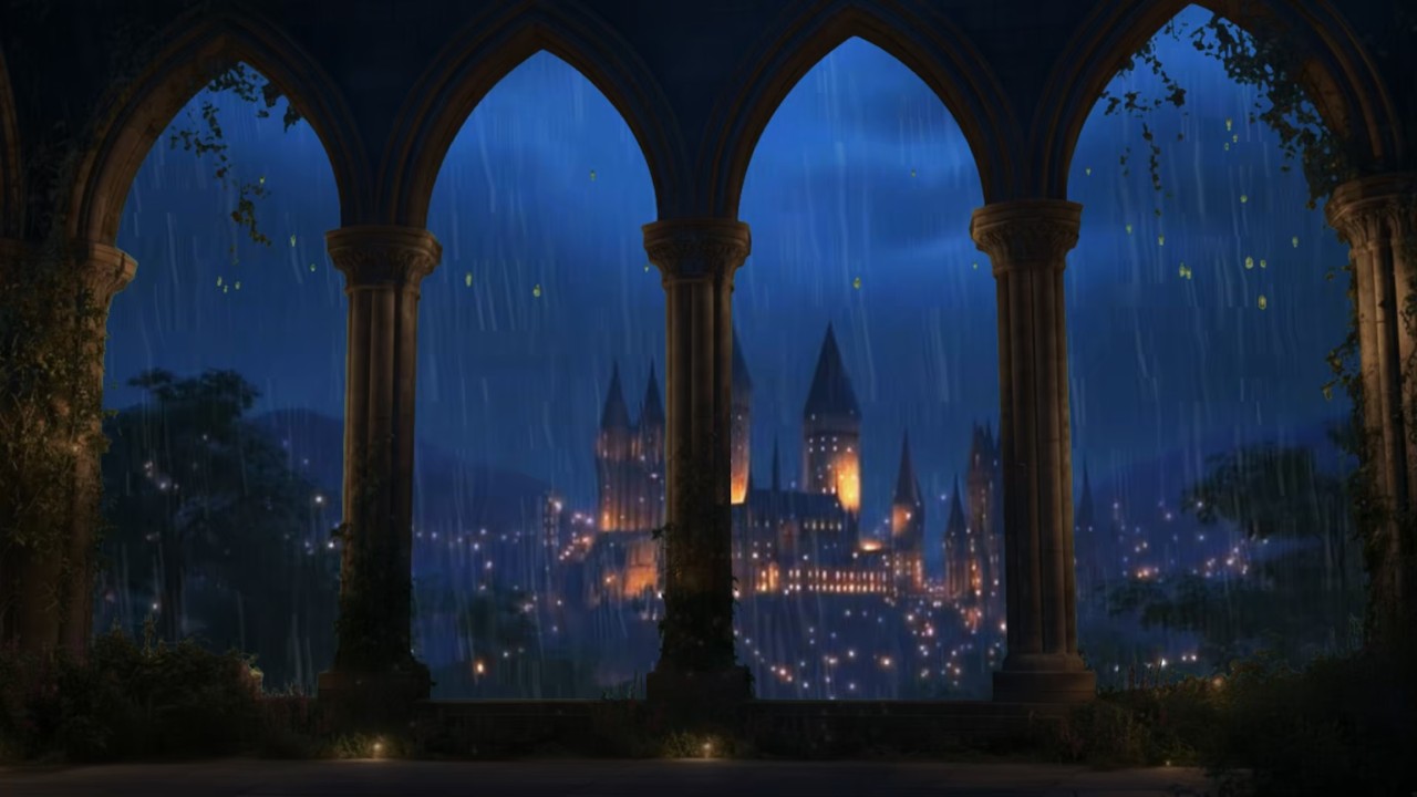 🌧️ Rain on Window at Hogwarts Castle 🏰 Thunder & Wind Sounds for Deep ...