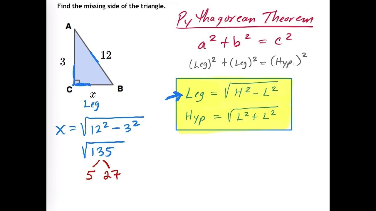 Using Pythagorean theorem to find the third side of a right triangle. - YouTube