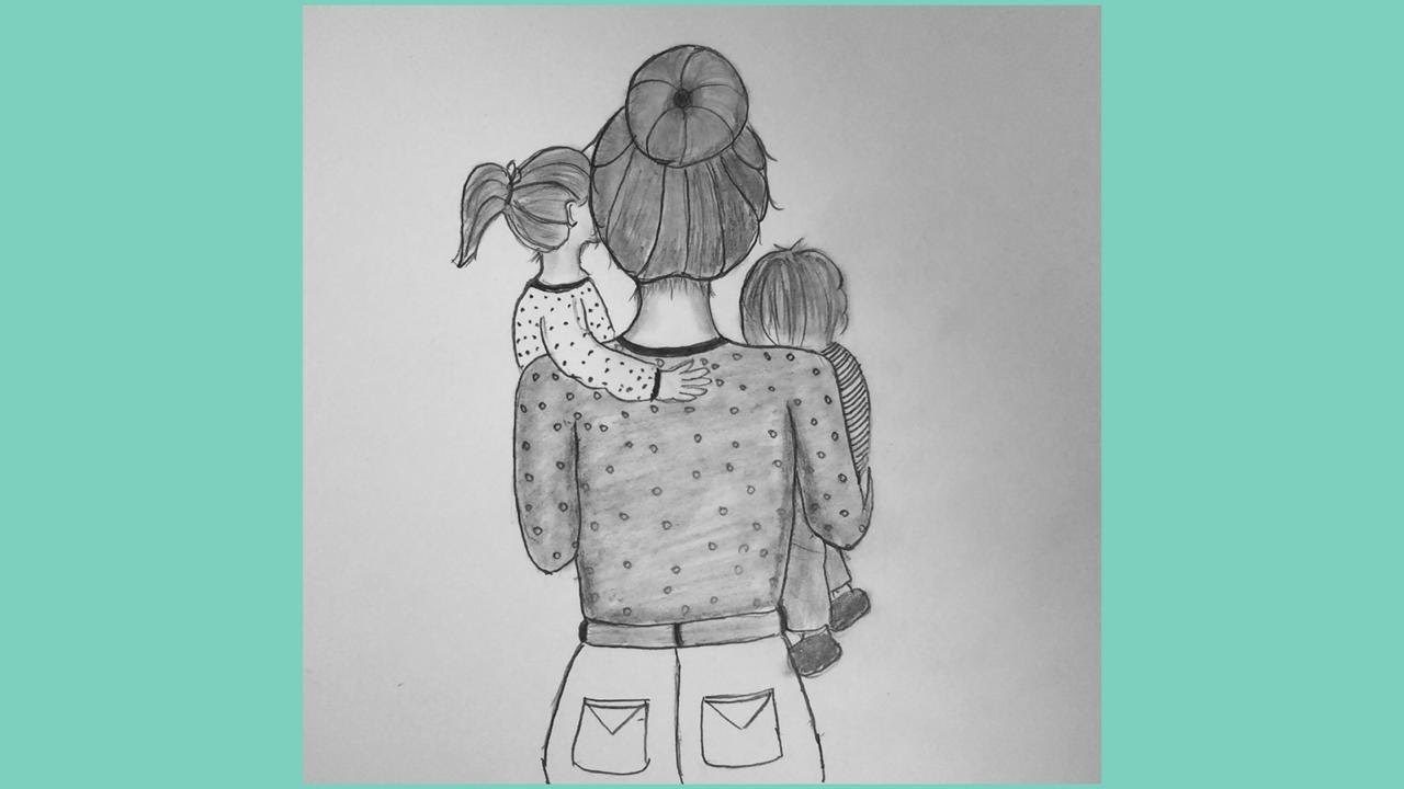 Mother Drawing With two kids step by step | Happy Mother's Day - YouTube