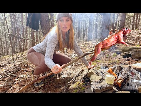 Tender Whole Squirrel cooked on campfire solo in the woods. ASMR cooking no talking. harvest n cook