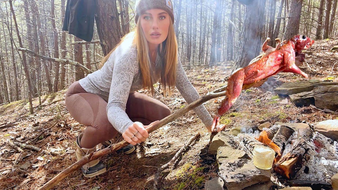 Tender Whole Squirrel cooked on campfire solo in the woods. ASMR ...