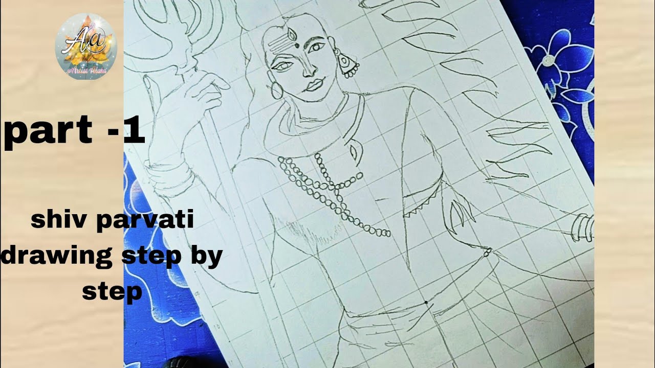 Part-1: How to draw Shiv & Parvati ll Adhranareswar drawing with grid ...