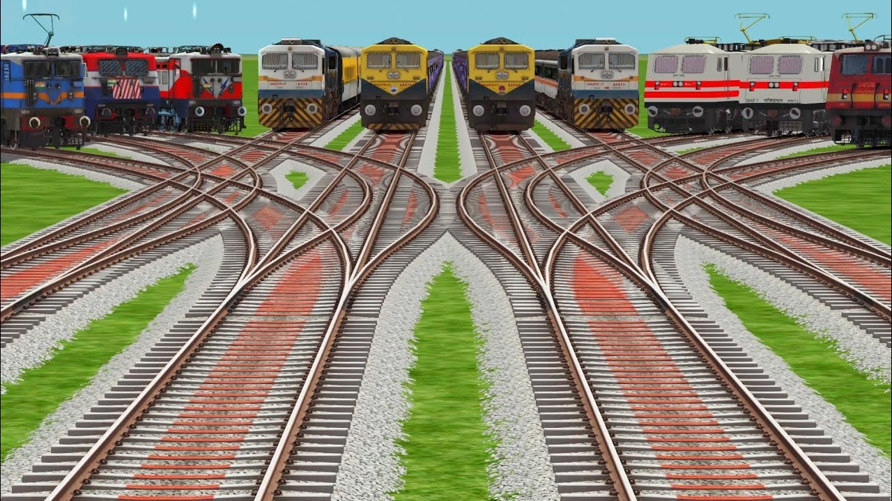 All Real Realstic Trains 🟡 Crossing At Bumpy Curves Railroad Tracks l ...