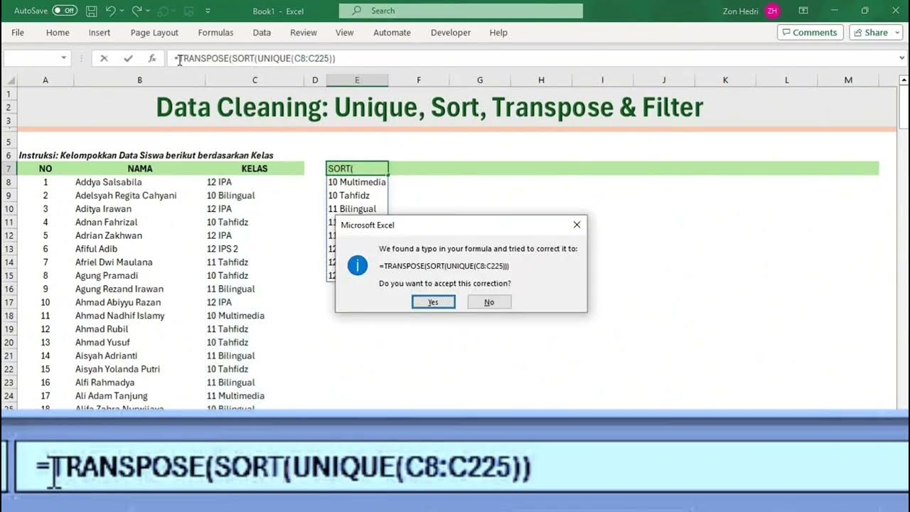 DATA CLEANING | FUNGSI UNIQUE, SORT, TRANSPOSE & FILTER - YouTube