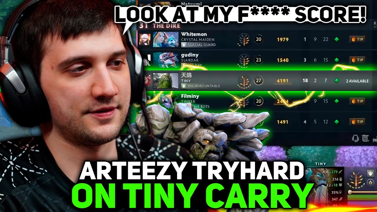 "LOOK AT MY SCORE!" Arteezy tryhard on Tiny carry in 14.500 MMR! - YouTube