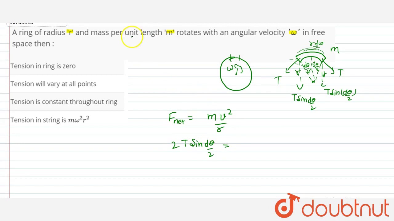 A ring of radius 'r' and mass per unit length 'm' rotates with an ...