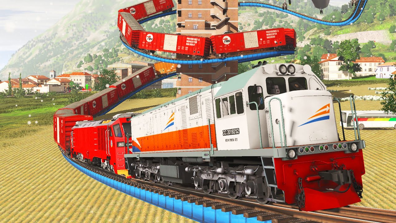 Very dangerous! Train Jog Across Extreme Spiral Rails Until it crashes ...