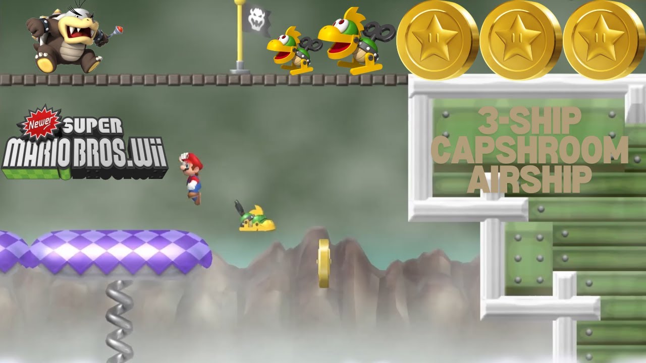 [Newer Super Mario Bros. Wii] 3-Ship Capshroom Airship All 3 Star Coins ...